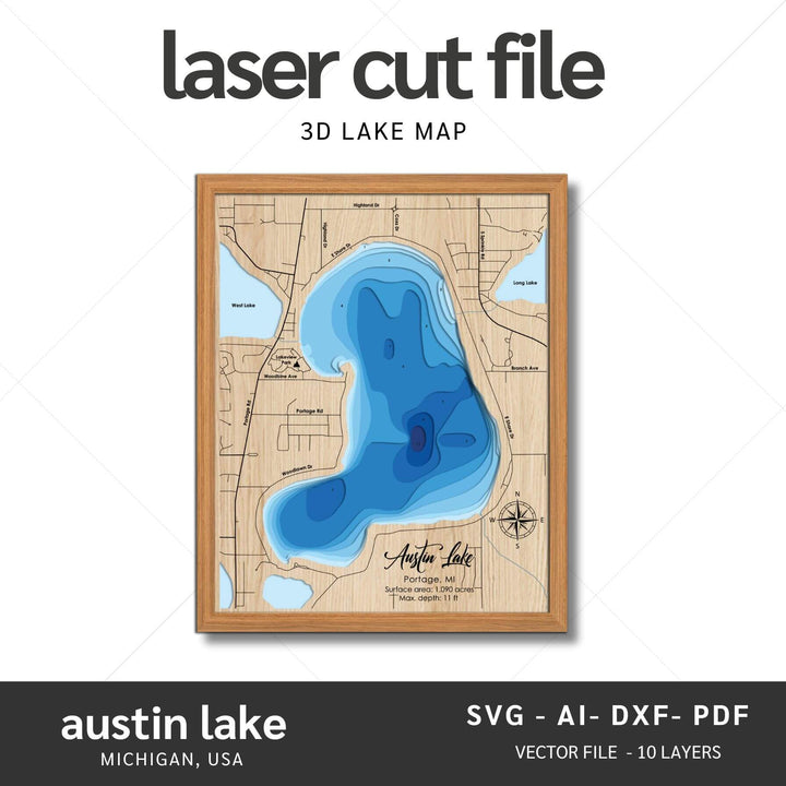 Austin Lake, Michigan Laser Map Files - 10 Layers - Svg/Ai/Dxf/Pdf – My ...