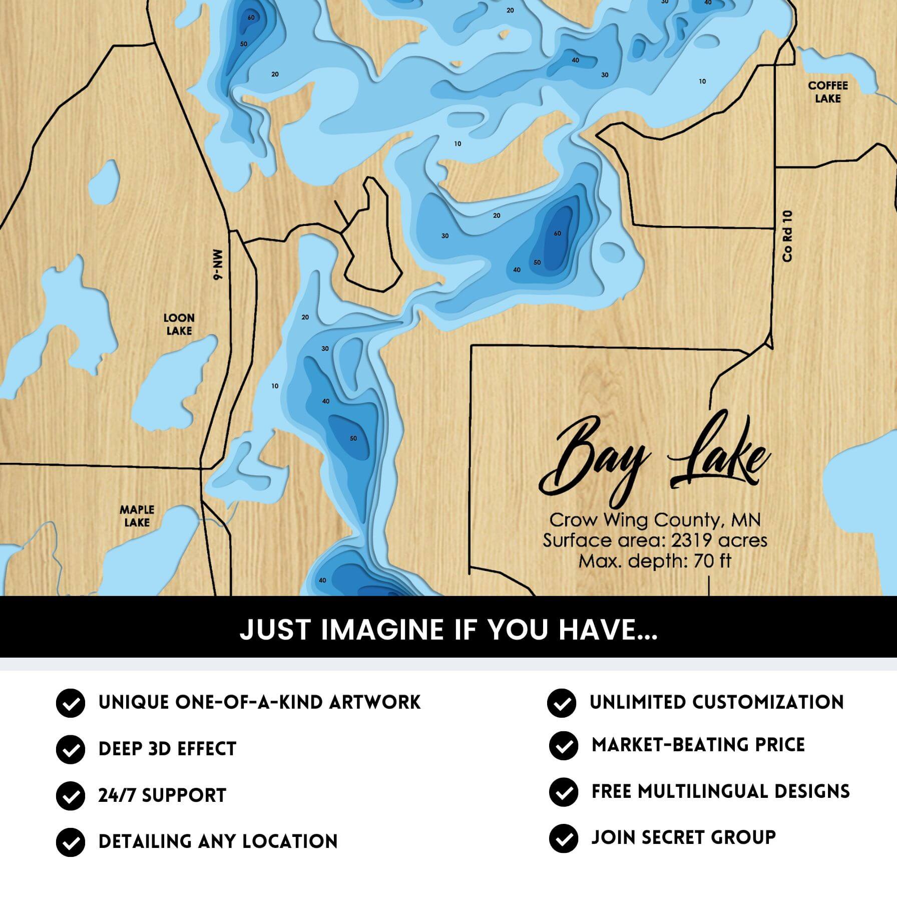 Bay Lake, Minnesota Laser Map Files - 8 Layers - Svg/Ai/Dxf/Pdf – Moc ...