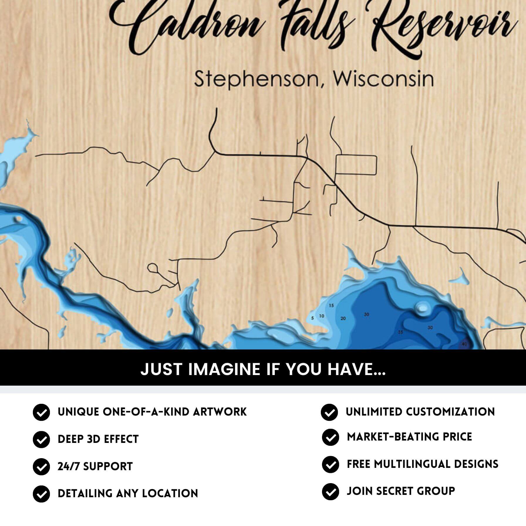 Caldron Falls Reservoir, Wisconsin Laser Map Files - 8 Layers - Svg/Ai ...