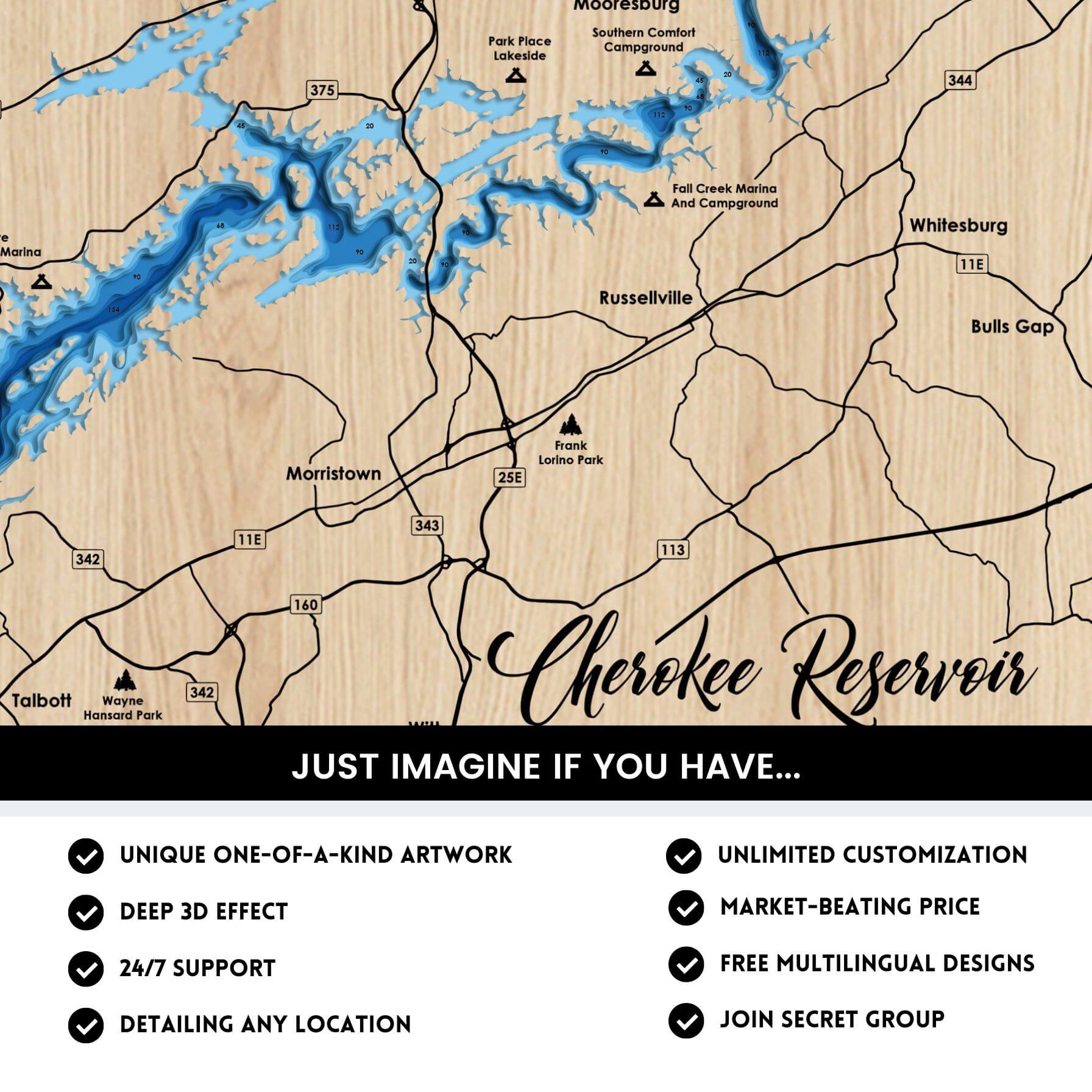 Cherokee Reservoir, Tennessee Laser Map Files -7 Layers-Svg/Ai/Dxf/Pdf ...
