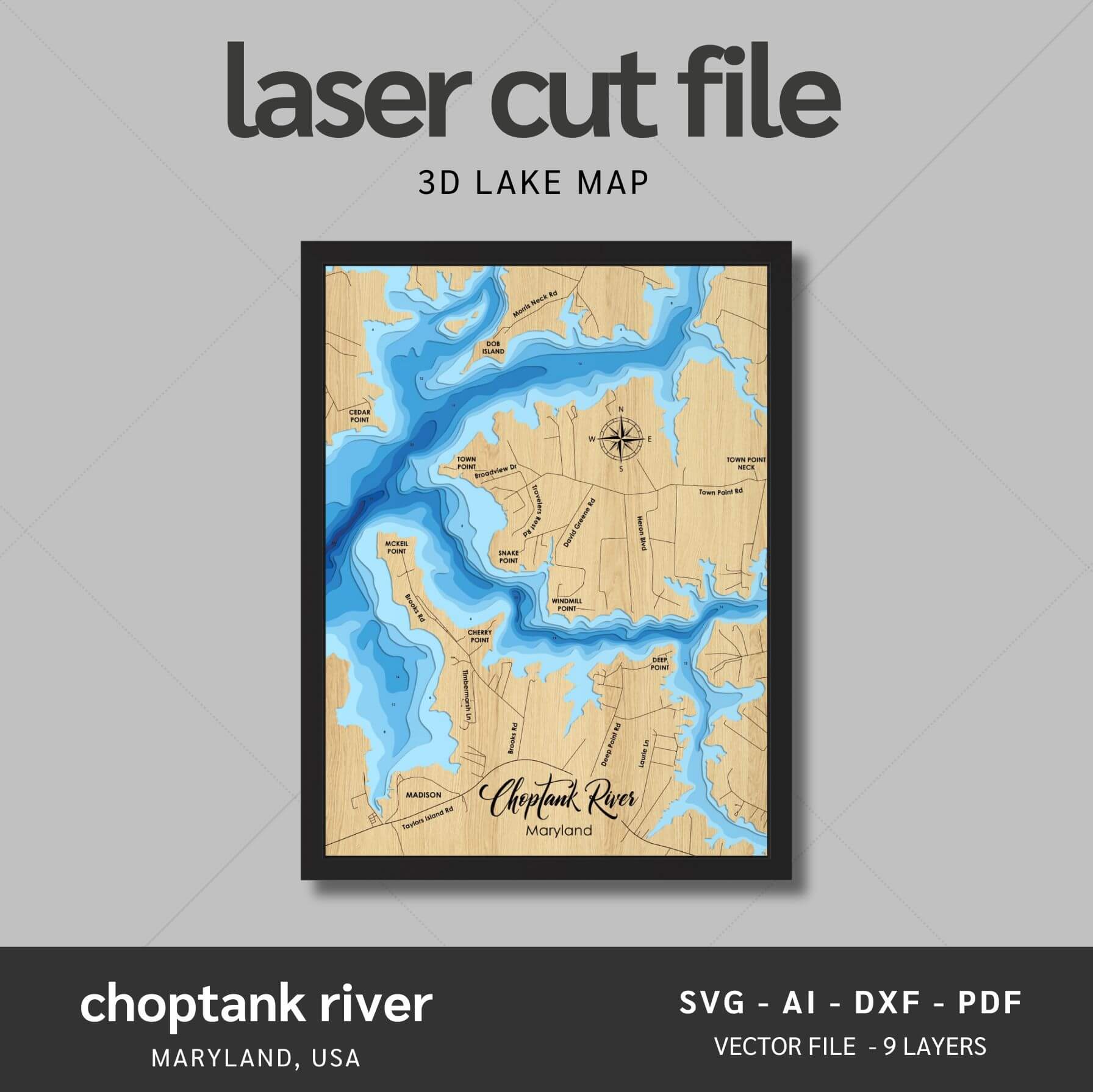 Choptank River, Maryland Laser Map Files - 9 Layers - Svg/Ai/Dxf/Pdf ...