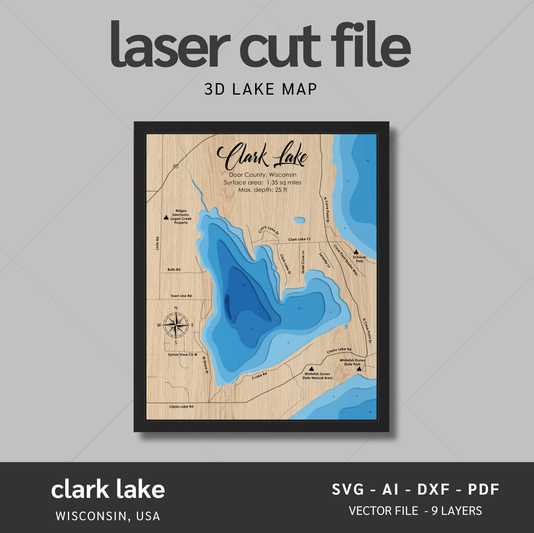 Clark Lake, Wisconsin Laser Map Files - 9 Layers - Svg/Ai/Dxf/Pd – Moc Tho