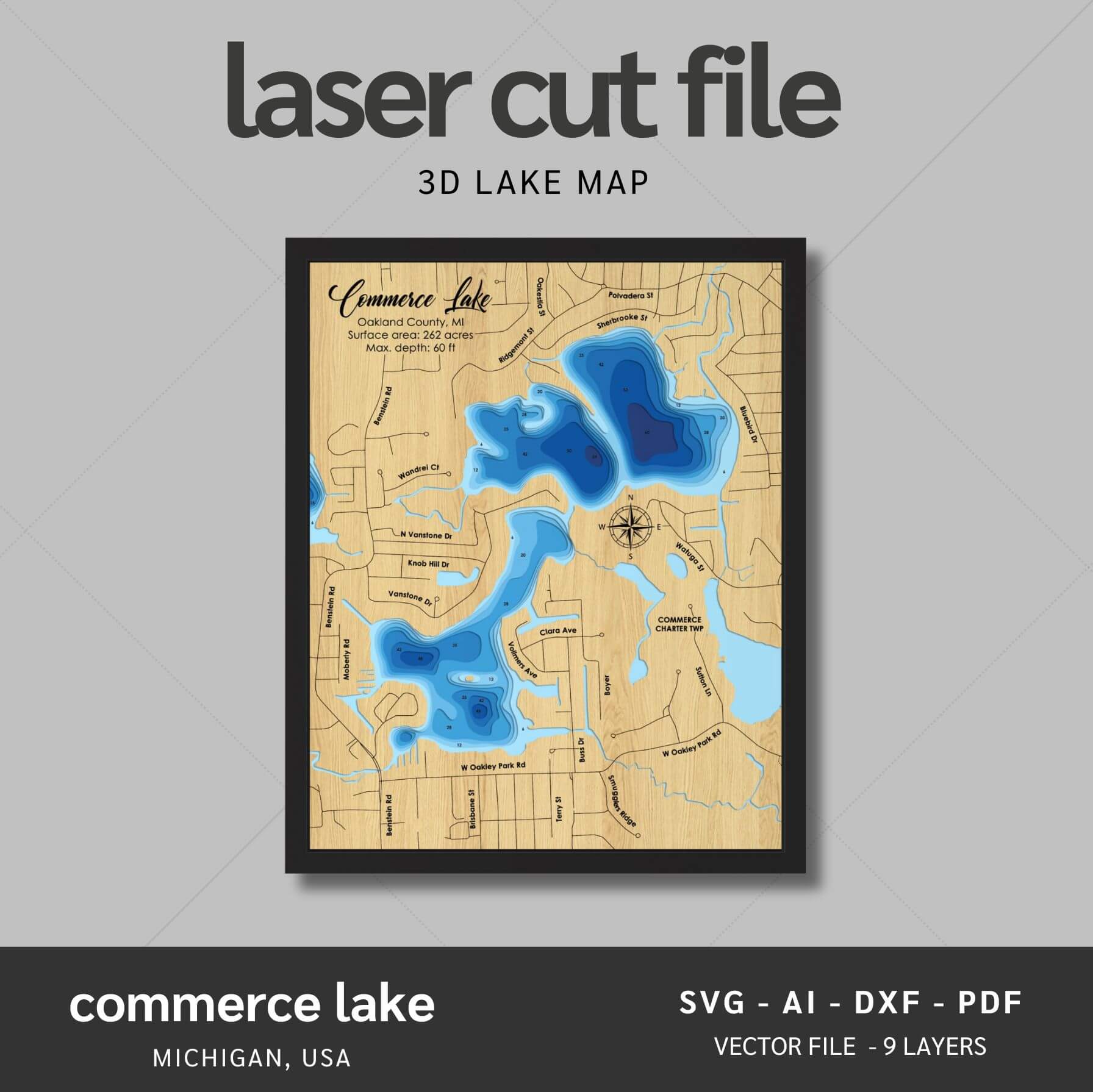 Commerce Lake, Michigan Laser Map Files - 9 Layers - Svg/Ai/Dxf/Pdf ...