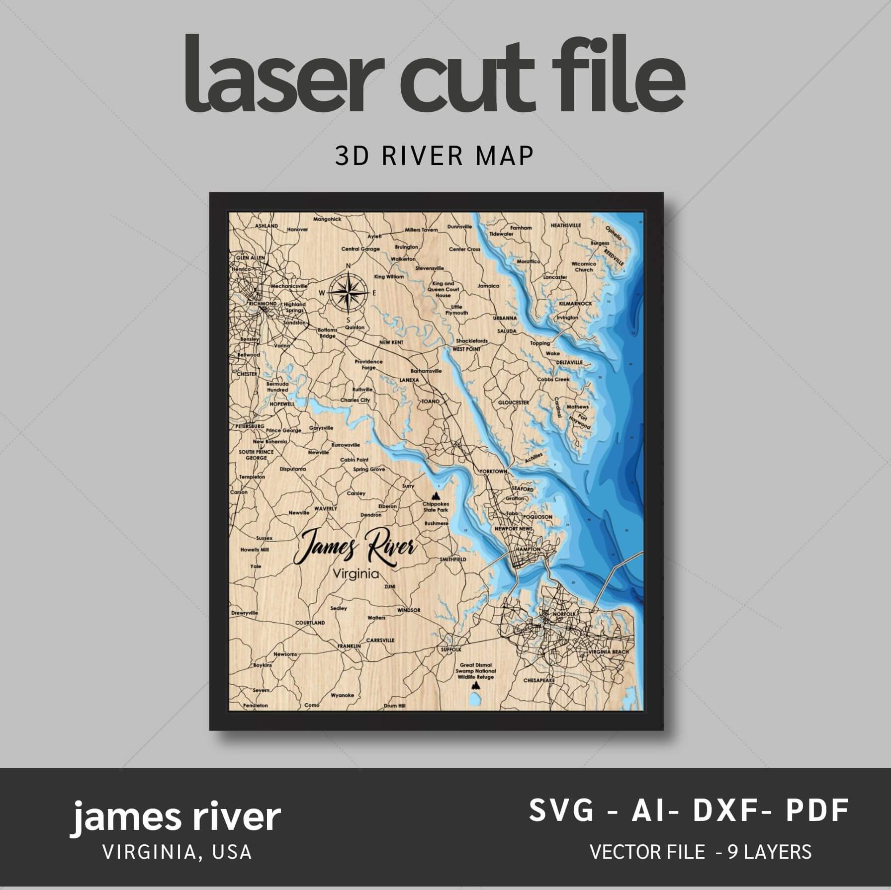 James River, Virginia Laser Map Files - 9 Layers - Svg/Ai/Dxf/Pdf – Moc ...