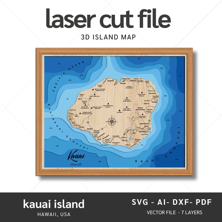 Kauai Island, Hawaii Laser Map Files - 7 Layers - Svg/Ai/Dxf/Pdf – My Store
