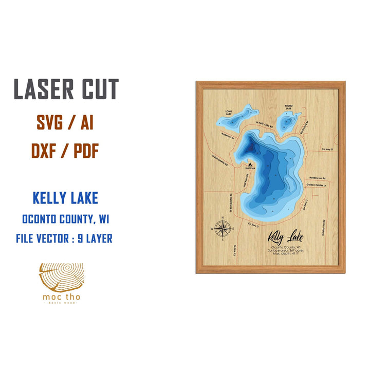 Kelly Lake, Wisconsin Laser Map Files - 9 Layers - Svg/Ai/Dxf/Pdf – My ...
