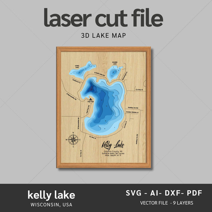 Kelly Lake, Wisconsin Laser Map Files - 9 Layers - Svg/Ai/Dxf/Pdf – My ...