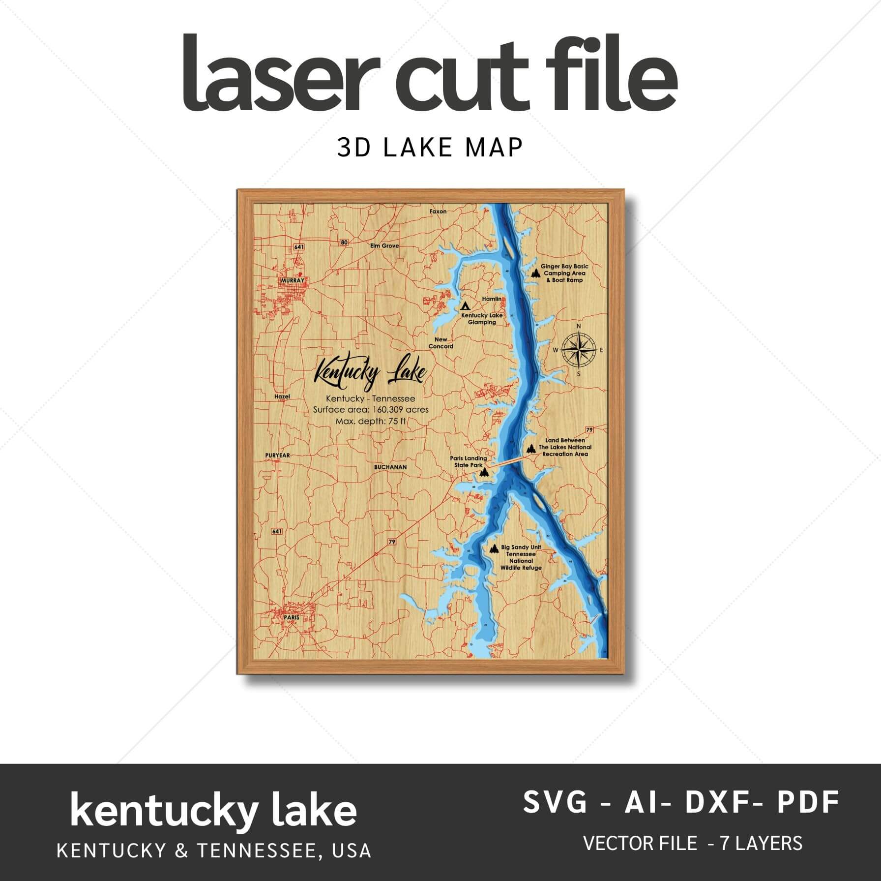 Kentucky Lake, Kentucky & Tennessee Laser Map Files - 7 Layers - Svg/A ...
