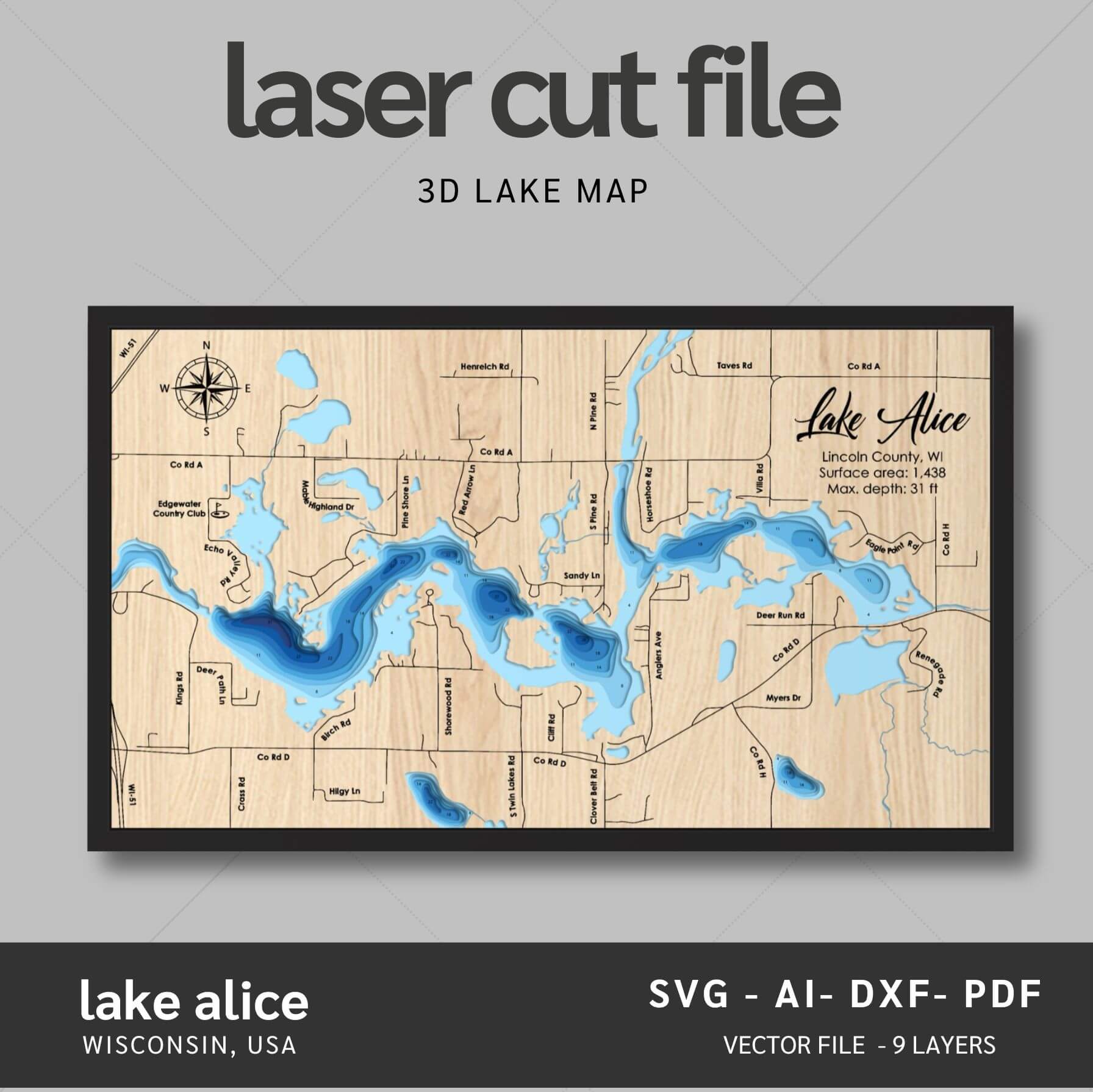 Lake Alice, Wisconsin Laser Map Files - 9 Layers - Svg/Ai/Dxf/Pdf – Moc ...