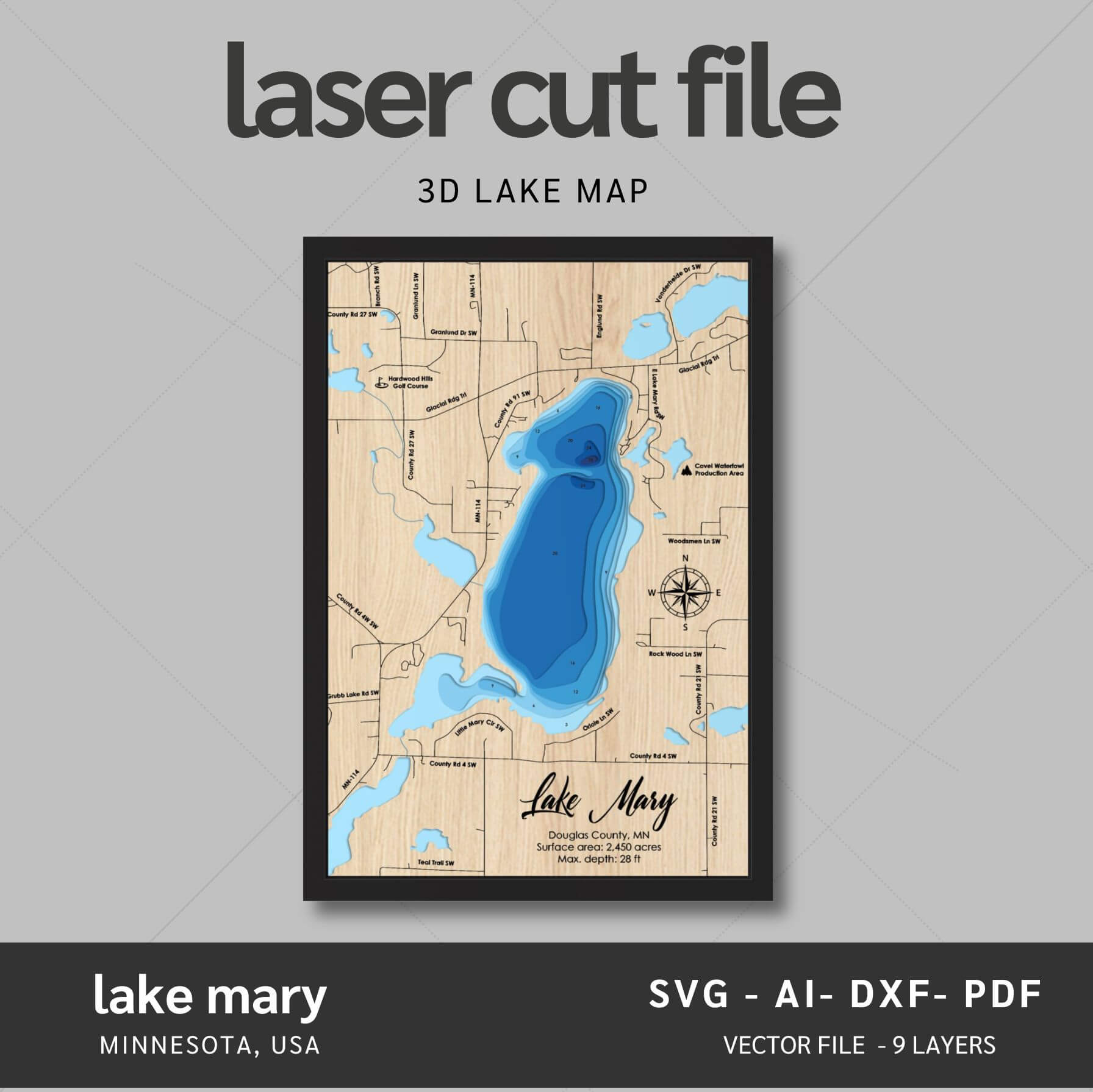 Lake Mary, Minnesota Laser Map Files - 9 Layers - Svg/Ai/Dxf/Pdf – Moc ...