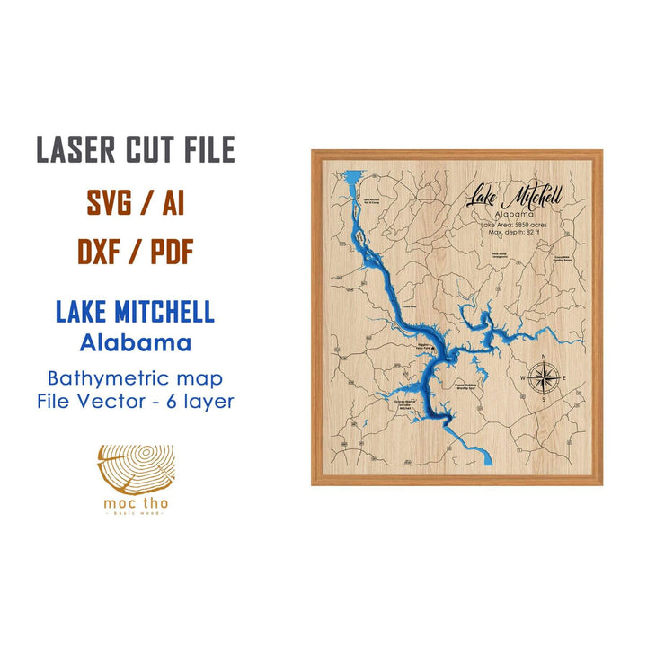 Lake Mitchell, Alabama Laser Map Files - 6 Layers - Svg/Ai/Dxf/Pdf – My ...