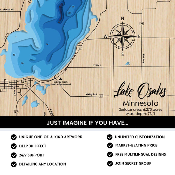 Lake Osakis, Minnesota Laser Map Files - 8 Layers - Svg/Ai/Dxf/Pdf ...