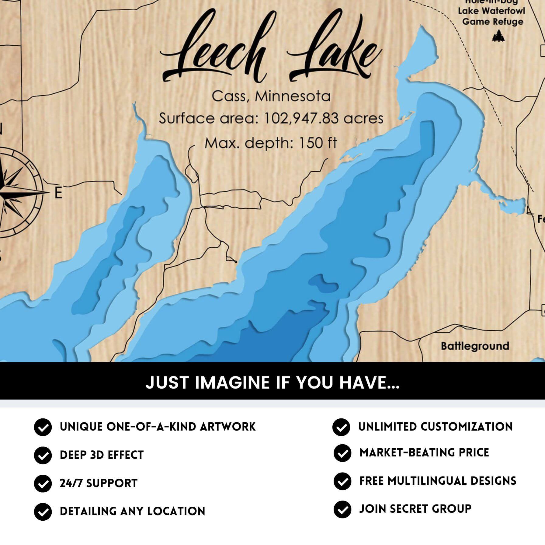 Leech Lake, Minnesota Laser Map Files - 8 Layers - Svg/Ai/Dxf/Pdf – Moc ...