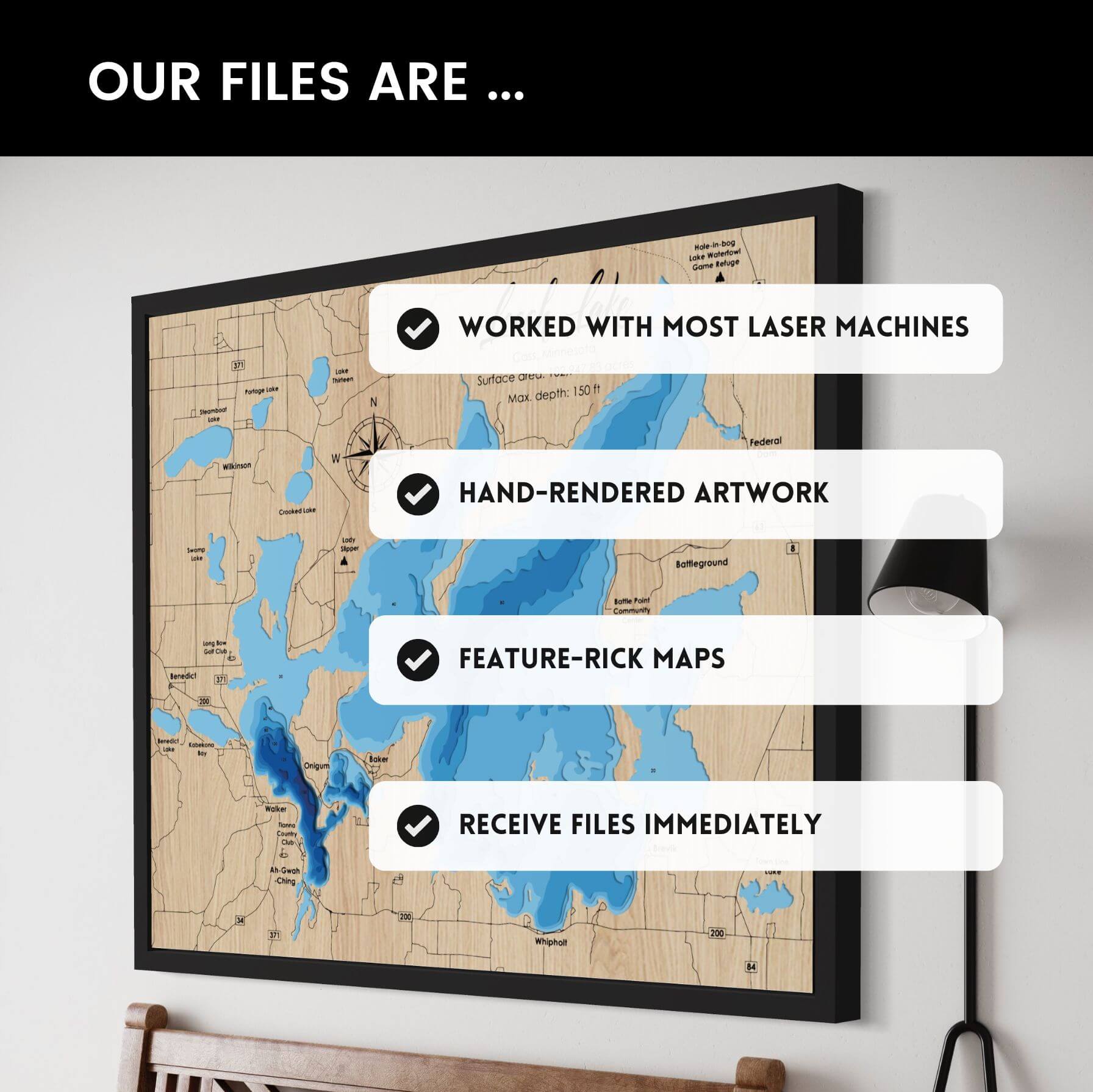 Leech Lake, Minnesota Laser Map Files - 8 Layers - Svg/Ai/Dxf/Pdf – Moc ...