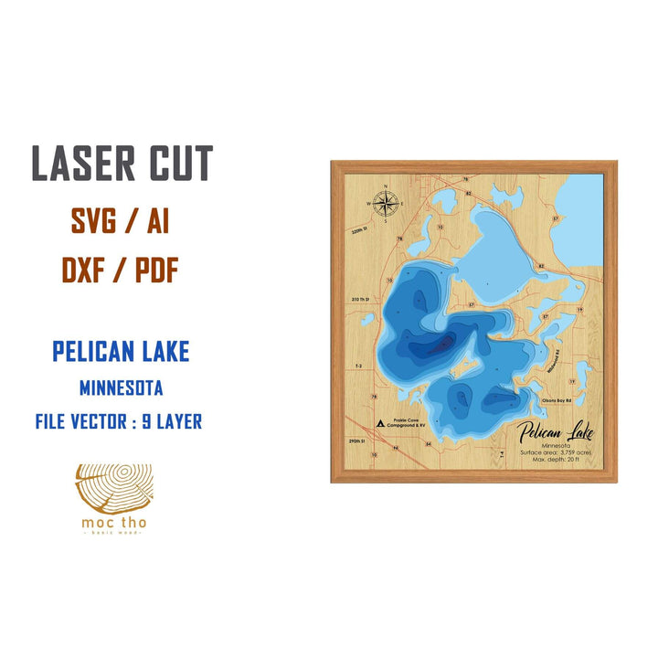 Pelican Lake, Minnesota Laser Map Files - 9 Layers - Svg/Ai/Dxf/Pdf ...