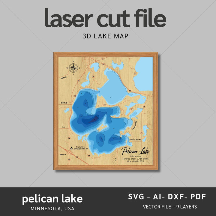 Pelican Lake, Minnesota Laser Map Files - 9 Layers - Svg/Ai/Dxf/Pdf ...