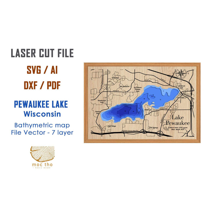 Pewaukee Lake, Wisconsin Laser Map Files - 7 Layers - Svg/Ai/Dxf/Pdf ...