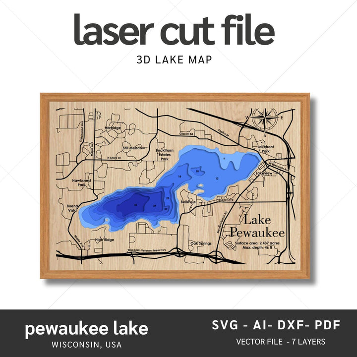 Pewaukee Lake, Wisconsin Laser Map Files - 7 Layers - Svg/Ai/Dxf/Pdf ...