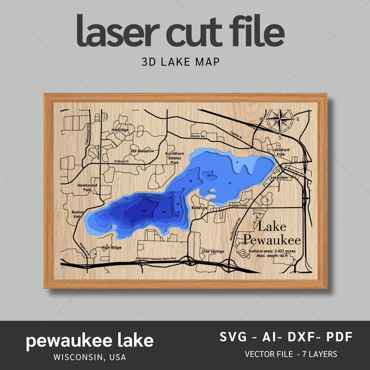 Pewaukee Lake, Wisconsin Laser Map Files - 7 Layers - Svg/Ai/Dxf/Pdf ...
