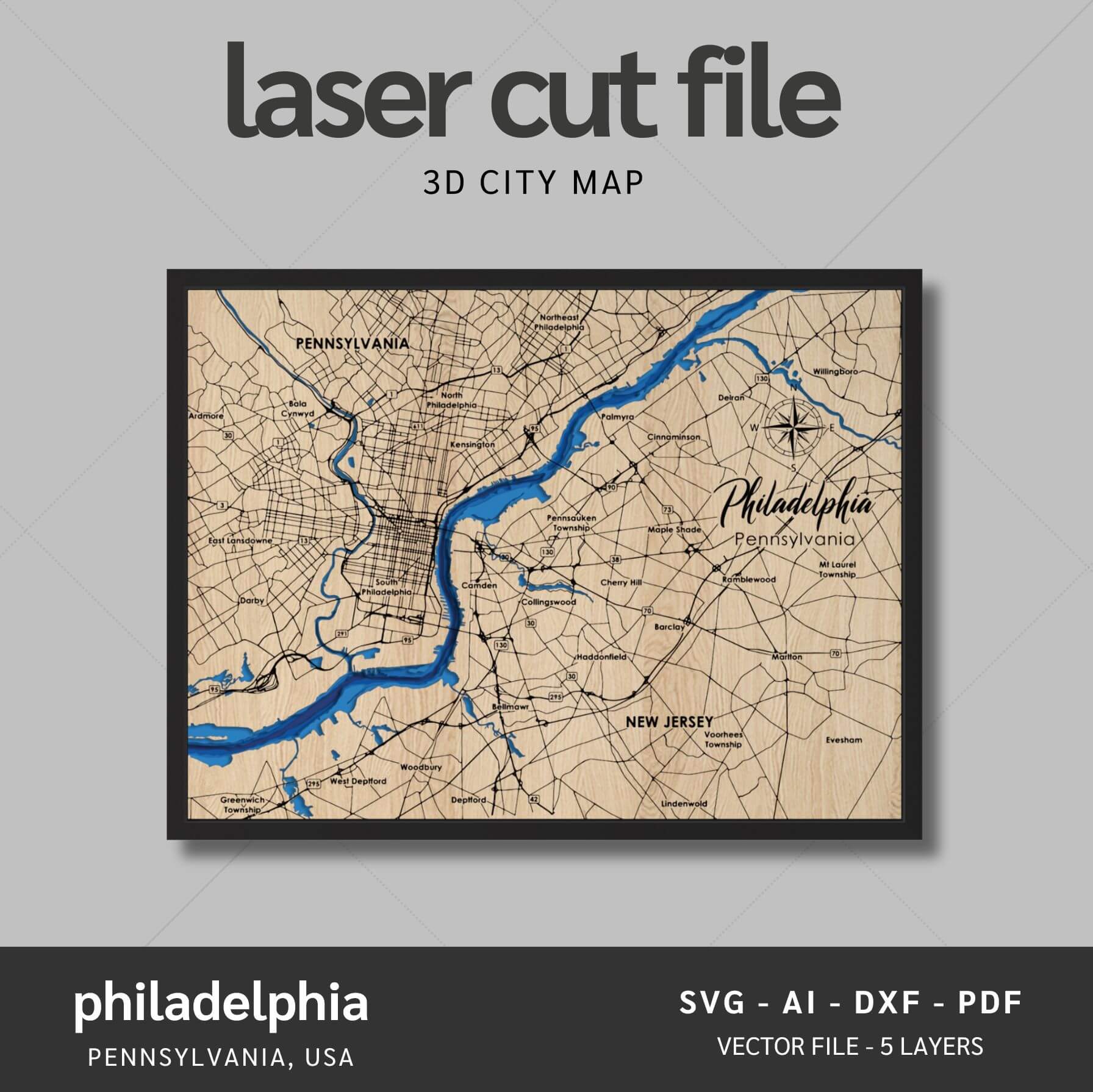 Philadelphia, Pennsylvania Laser Map Files - 5 Layers - Svg/Ai/Dxf/Pdf ...